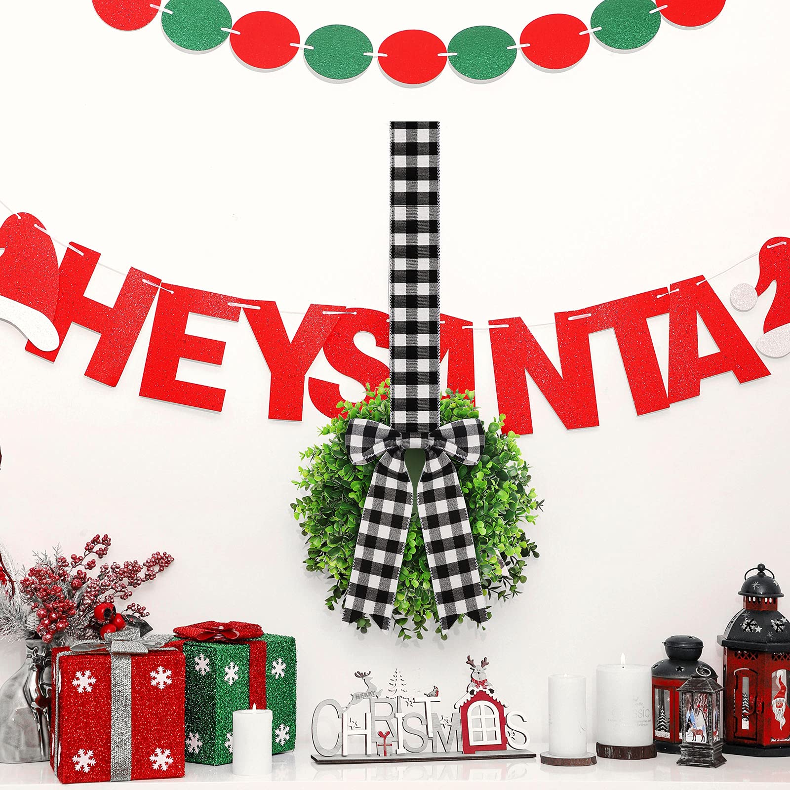 Artificial Eucalyptus Wreath Greenery Hanging Wreath Kitchen Cabinet Wreath with Buffalo Plaid Bow Black and White Check Bow for Christmas Front Door Home Wall Porch Patio Garden Decor