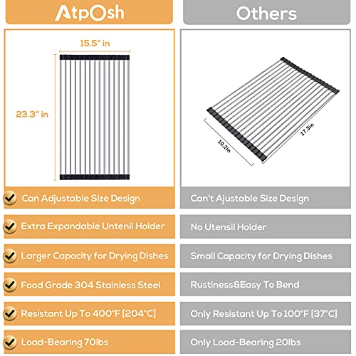 Atposh Roll up Dish Drying Rack 21β*11.5β Over The Sink Dish Drainer for Kitchen Counter Portable Versatile Foldable Dish Drying Rack Mat Silicone Wrapped SUS304 Stainless Steel Dish Drying Rack