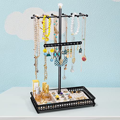 Meangood Jewelry Tree Stand Organizer 3in1 Necklace Organizer Display Bracelet Earrings and Ring Tray Jewelry Holder Hanger Metal(Black)