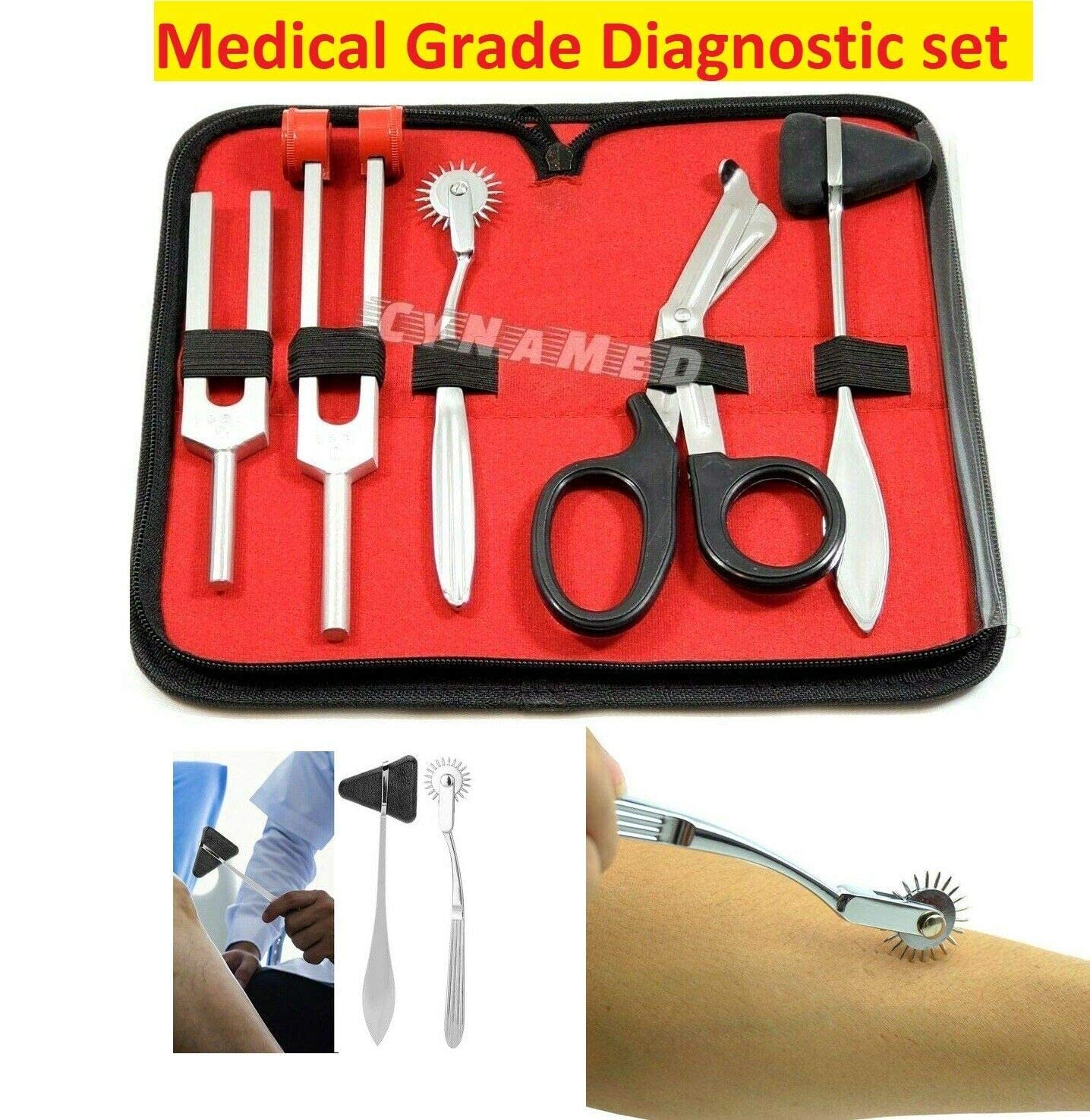New 5 Piece Student Diagnostic Kit - Reflex Taylor Hammer and Tuning Fork Set C 128 and C 512. Includes Wartenberg Pinwheel, Premium Steel Bandage Scissor 7.5β Black