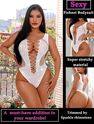 Avidlove White Rhinestone Bodysuit Sparkle Bodysuit Fishnet Lingerie for Women Sexy Mesh Body Suit Teddy Lingerie