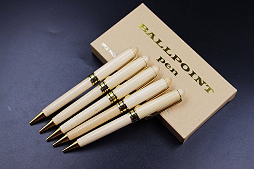 JASON YUEN 5PCS PACK Wooden Eco pen White wood ballpoint pens with gold accessories (Model A, 5PCS WHITE WOODEN)