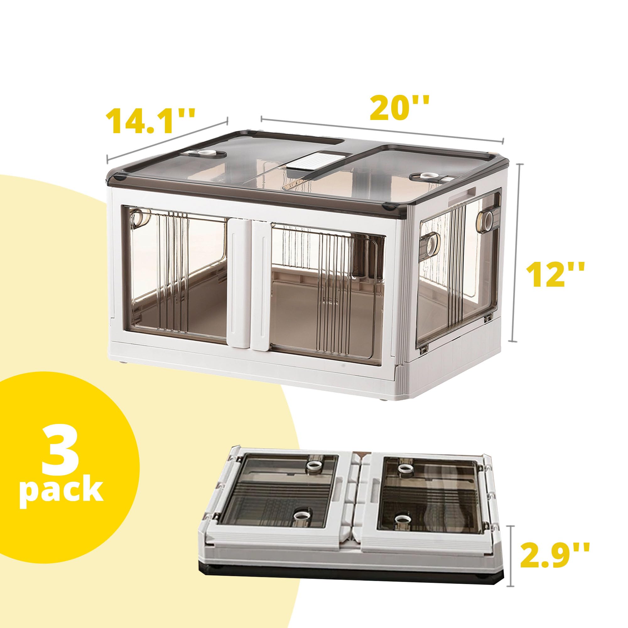 SET of 3 Large Stackable Folding Storage Bins -14.5Gal-58QT Each. Collapsible Polypropylene Bins with Wheels & 5 Doors. Very Easy to Assembly. Perfect for Bed&Bathroom & Closet Organizer