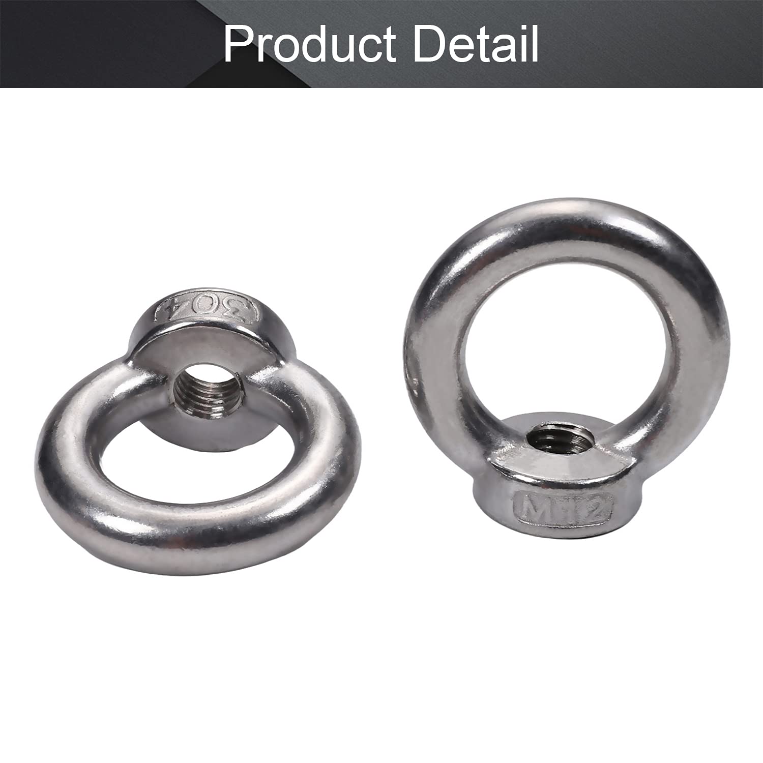 MroMax 4Pcs Lifting Eye Nut M12 Metric Female Thread Ring Shape Nut 304 Stainless Steel Round Shape Fastener Lifting Ring for Rope Fitting Silver