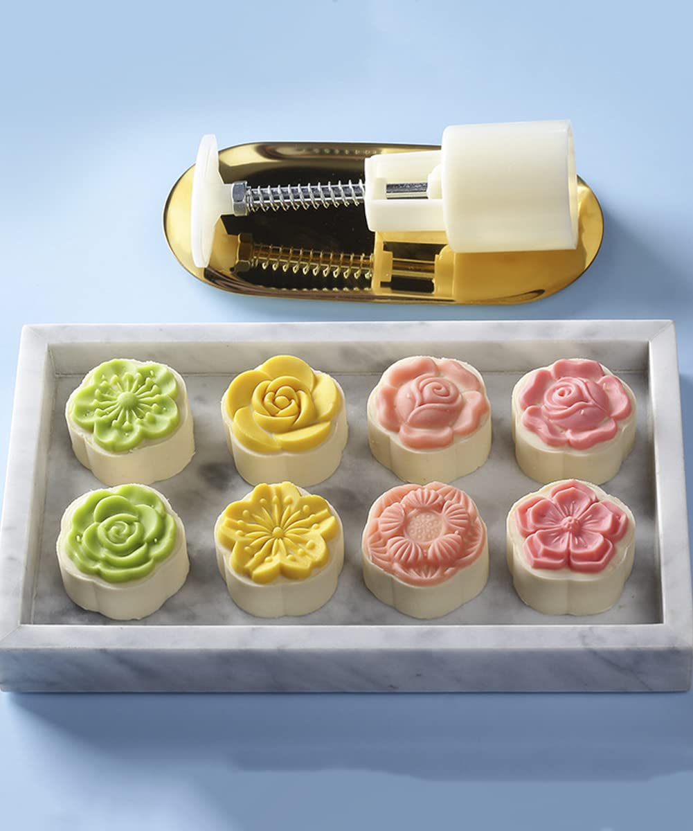 8pcs 50g Cookie Stamps, Floral Cookie Mold DIY Moon Cake Mold Set Hand Press Cookie Dessert Cutter Pastry Decoration Tool Mooncake Maker