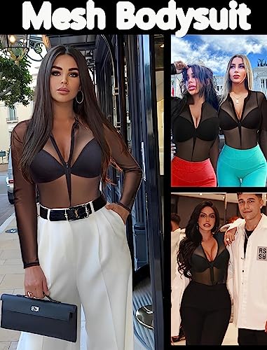 Avidlove Women Long Sleeves Bodysuit Top Sexy Mesh Sheer See Through Zipper Leotard with Snap Crotch Black XXL