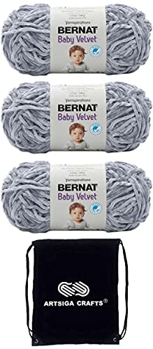 Bernat Baby Velvet Yarn Pale Gray 164018-18013 (3-Skeins) Same Dye Lot Worsted Medium #4 Soft 99% Acrylic/1% Polyester Bundle with 1 Artsiga Craft Bag