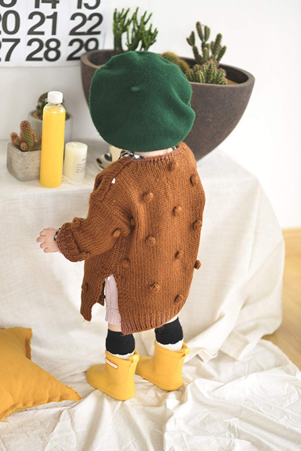 Toddler Baby Girls Winter Coat Pompom Button Knit Sweater Cardigan Kids Long Sleeve Warm Jacket Outerwear (Solid Brown, 2-3T)