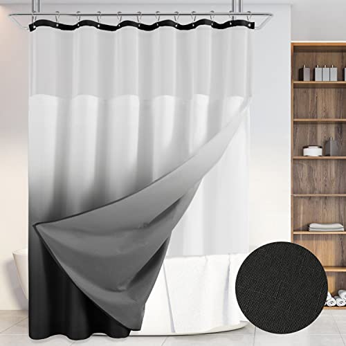 Black Shower Curtain Set with Snap-in Fabric Liner, Ombre Linen Textured Shower Curtain with 12 Hooks - Hotel Style, Water Repellent & Washable, Heavyweight Fabric & Mesh Top Window - 72x72, Black