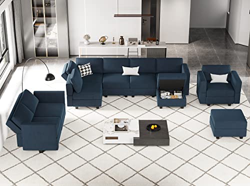 Belffin Modular Sectional Sofa with Ottomans Velvet Reversible Sleeper Chaise Bed Storage Seat Blue…