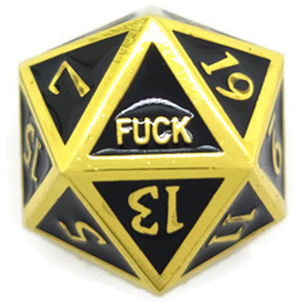 Black and Gold Metal D20 F*** Dice Critical Fail F 20 Sided Die Set DND Black Gunmetal Color Number for Role Playing Game Dungeons and Dragons D&D Pathfinder Shadowrun and Math Paladin