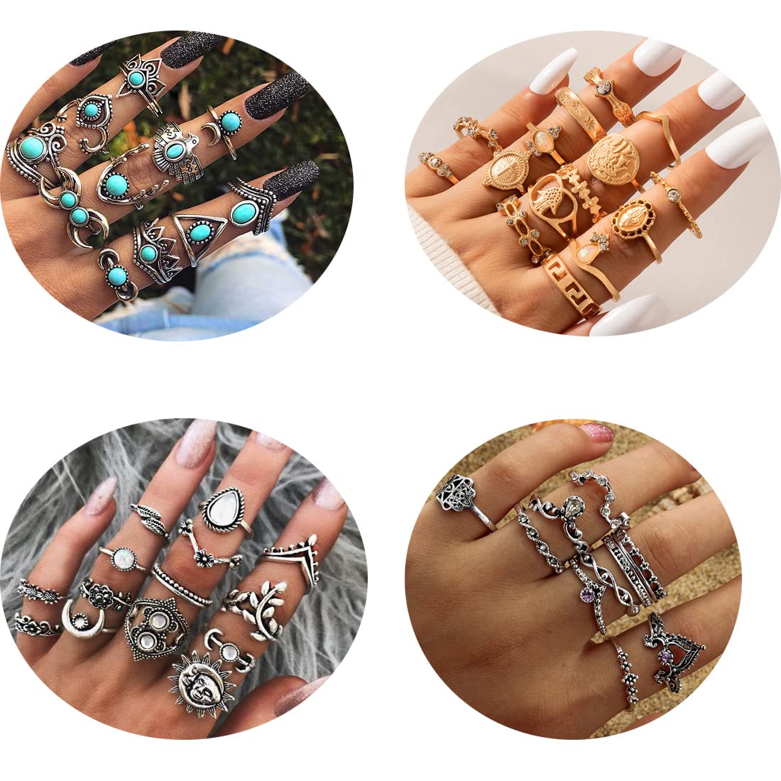 50Pcs Boho Knuckle Rings Set Turquoise Gemstone and Crystal Vintage Stackable Finger Rings Midi Ring for Women Hollow Carved Flowers Gold&Silver Ring Crystal Joint Rings