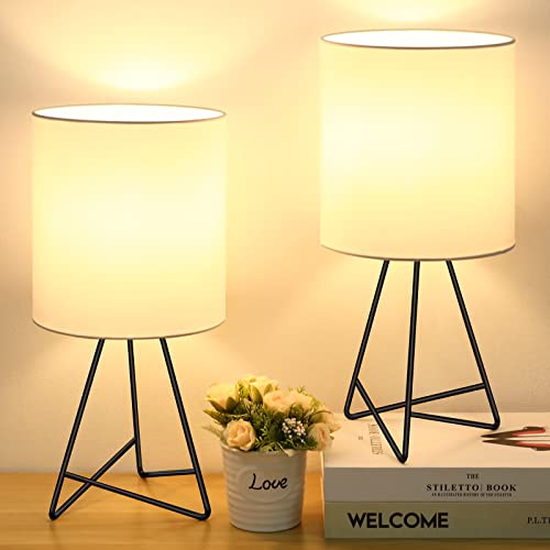 BesLowe Small Nightstand Lamps, Set of 2 Table Lamps, Modern Bedside Lamps with Black Metal Base, White Fabric Shade and ON/Off Switch, Simple Desk Lamp for Kids Bedroom Living Room Office Reading