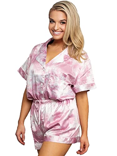 Belle's Design Women’s Tie Dye Short Sleeve Satin Silk Pajama Set Button Down 2 pieces Loungewear Sleepwear (Dusty Pink, XX-Large)