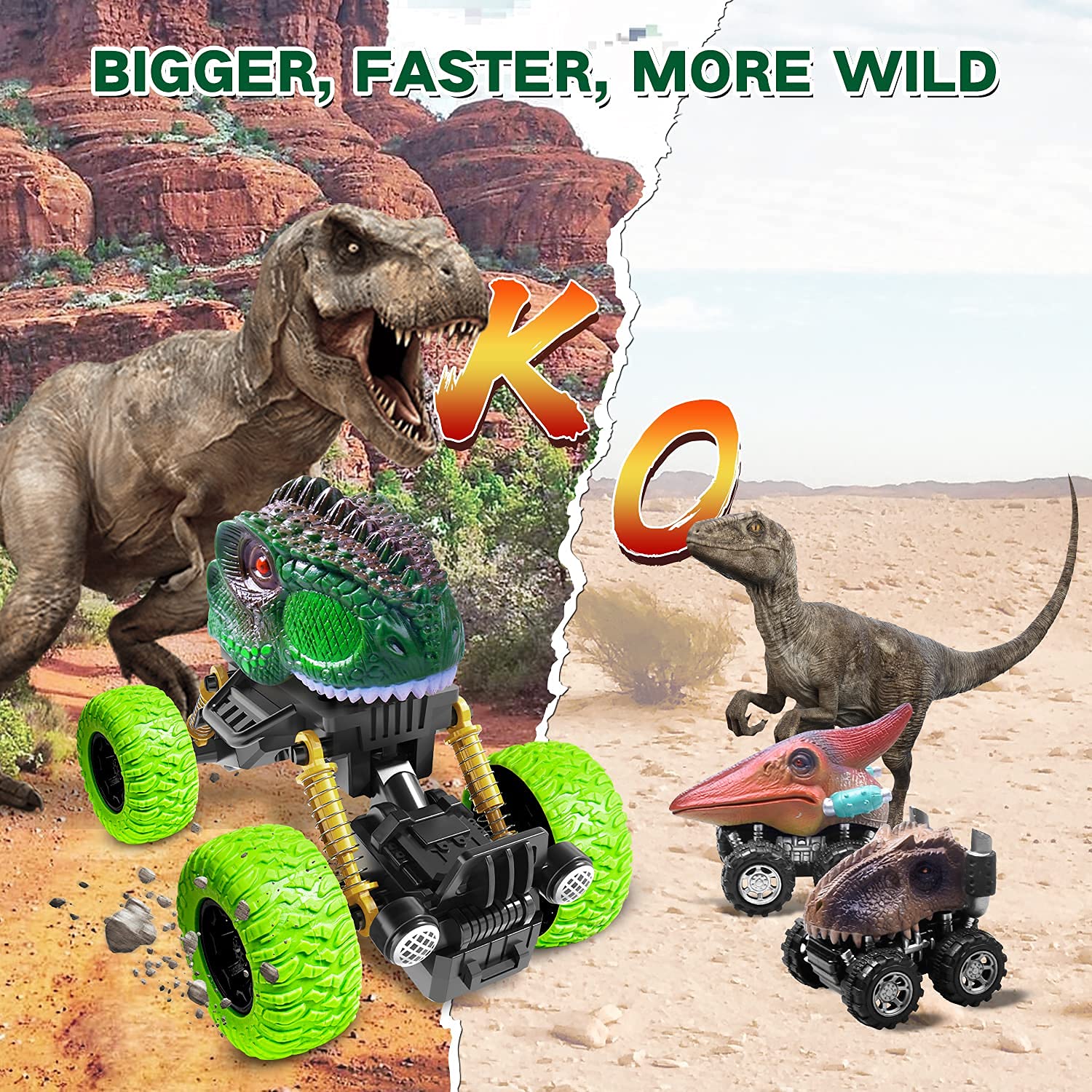 FFTROC Wooden Stacking Dinosaur Toys and Large Size Dinosaur Toys for Boys Cars