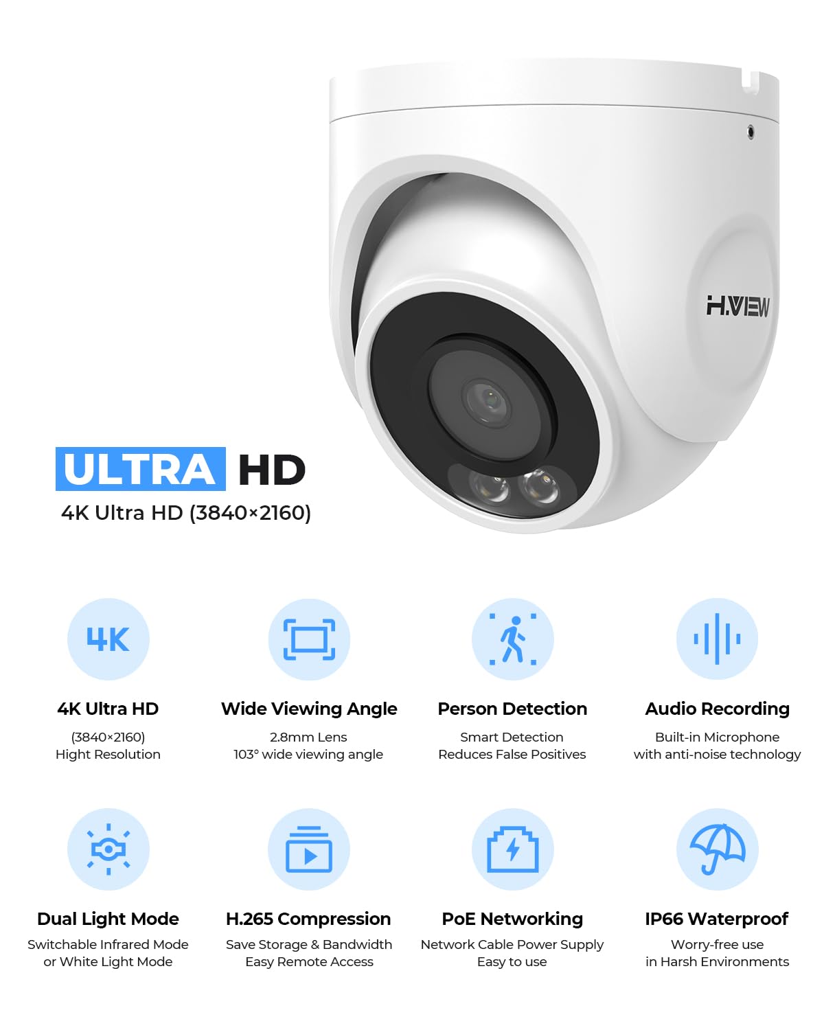 H.VIEW 8MP/4K Outdoor Dome Security POE IP Camera, Smart Dual Illumination, 100ft Night Vision, 2.8mm Lens Wide Angel, IP66, One-Way Audio, H.265+, Smart AI Detection, (Hikvision Compatible)