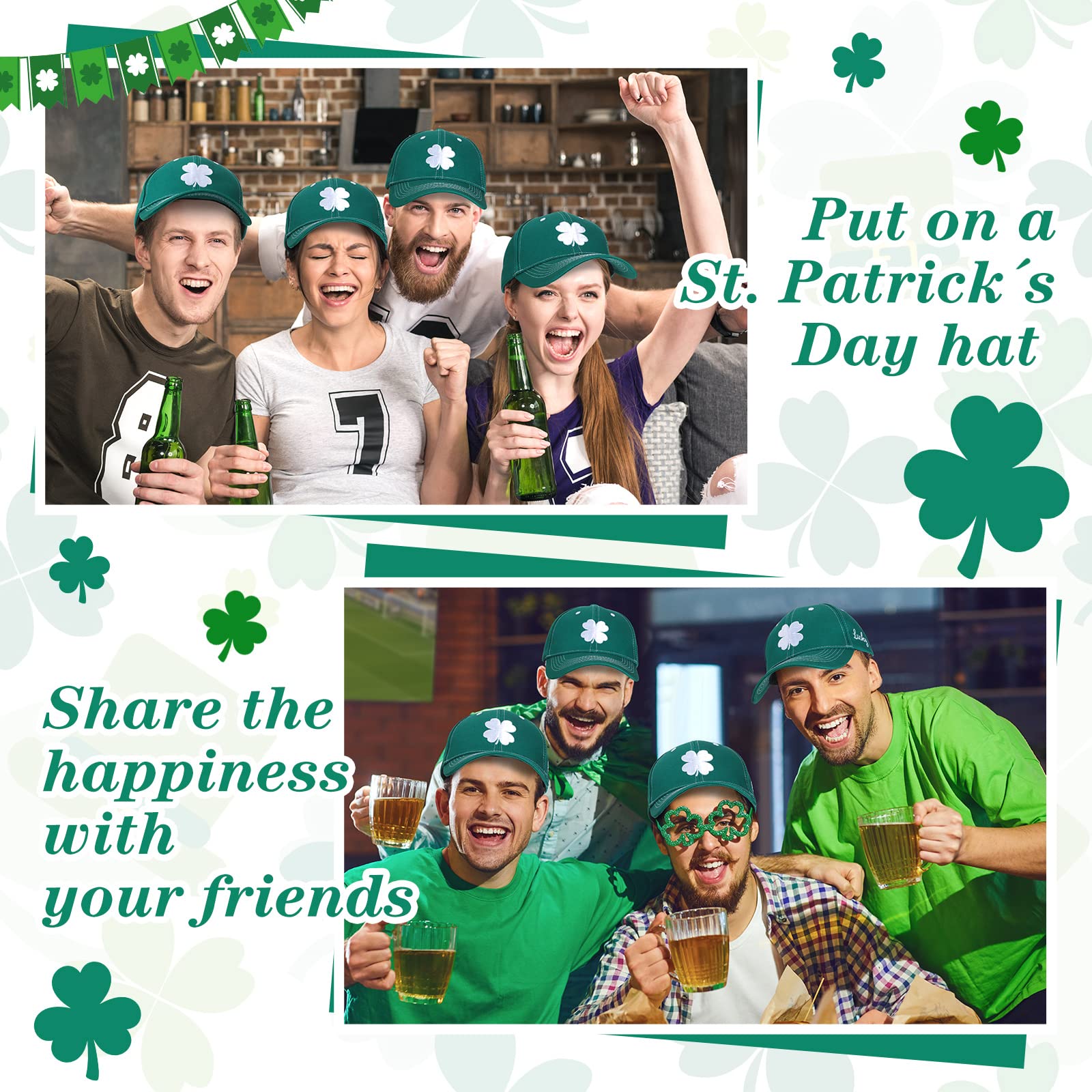 4 Pcs St. Patrick's Day Baseball Hat Shamrock Baseball Cap Irish Hat Clover Embroidered Hat Irish Gifts for Men Women (White)