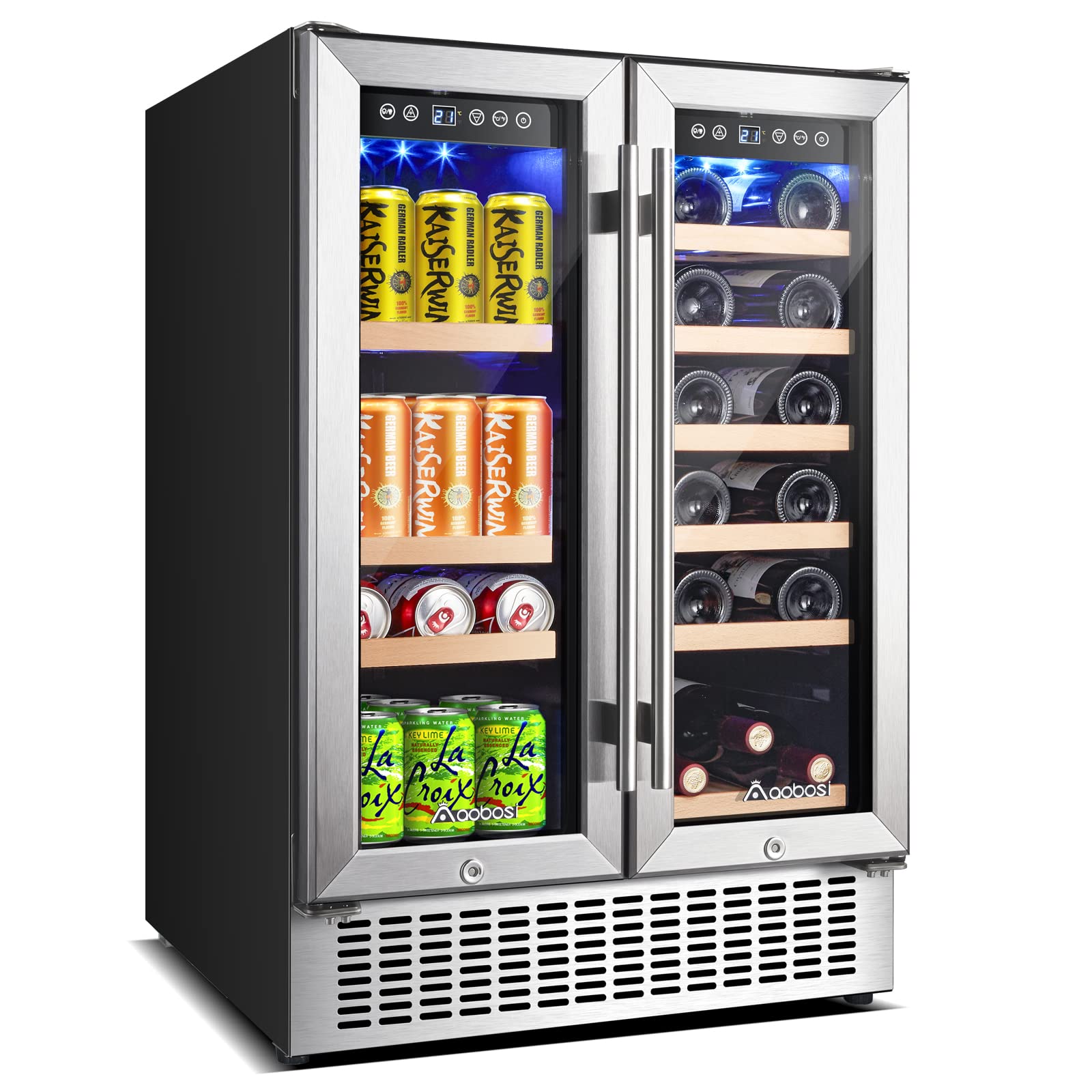 AAOBOSI 24 Inch Wine and Beverage Refrigerator - 19 Bottles & 57 Cans Capacity Dual Zone Wine Cooler - Wine Fridge Built in Counter or Freestanding - 2 Safety Locks and Blue Interior Light
