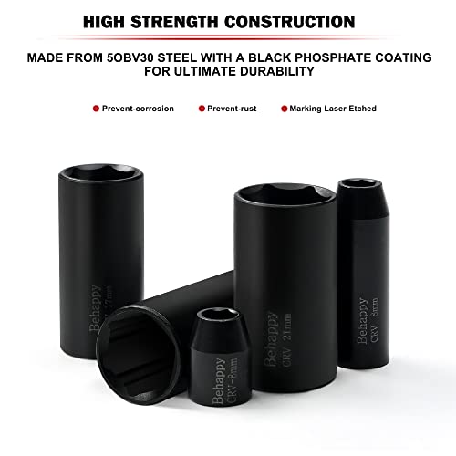 BeHappy 3/8" Impact Socket Set, 49Pcs Socket Set, Drive Impact Socket Set includes Metric (8-22mm) and SAE Socket Set (5/16"-3/4"), Deep/Standard, Cr-V, 6 Point,Extension Bars,Universal Joint,Adaptor