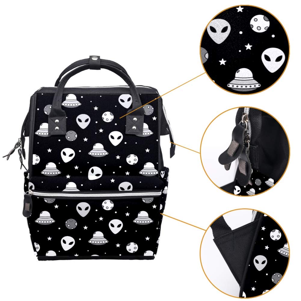 Space Themed Alien Face and Ships Diaper Tote Bags Mummy Backpack Large Capacity Nappy Bag Nursing Traveling Bag for Baby Care