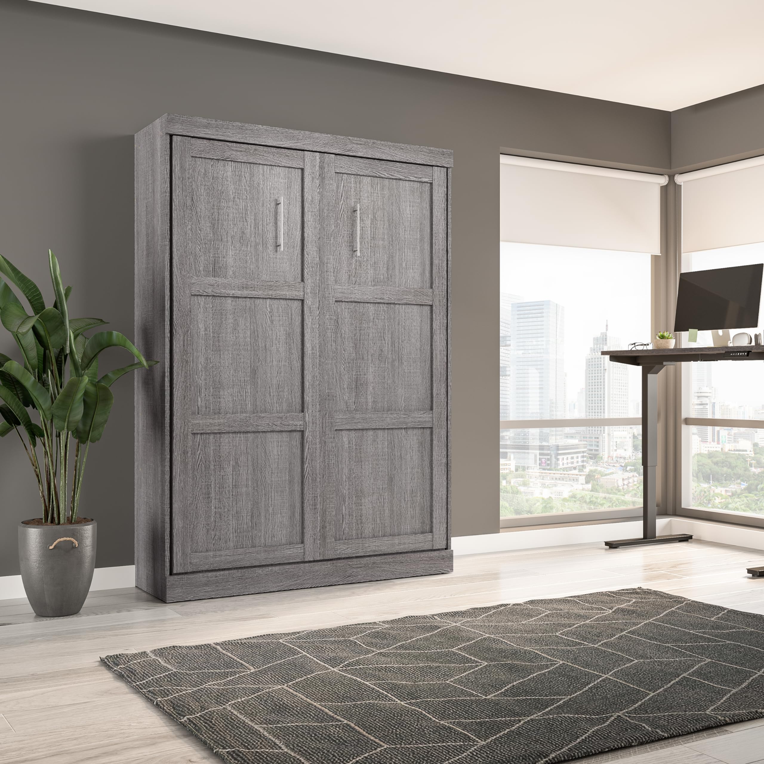 Bestar Pur Full Murphy Bed, 59-inch Space-Saving Sleeping Arrangement for Multipurpose Guest Room or Home Office, Full, Bark Grey