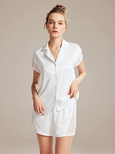 AW BRIDAL White Bride Pajamas Plus Size Silk Pajama Set for Women Short Button Down Pajamas with Patchwork Lace 2Pieces PJ Set, White XL