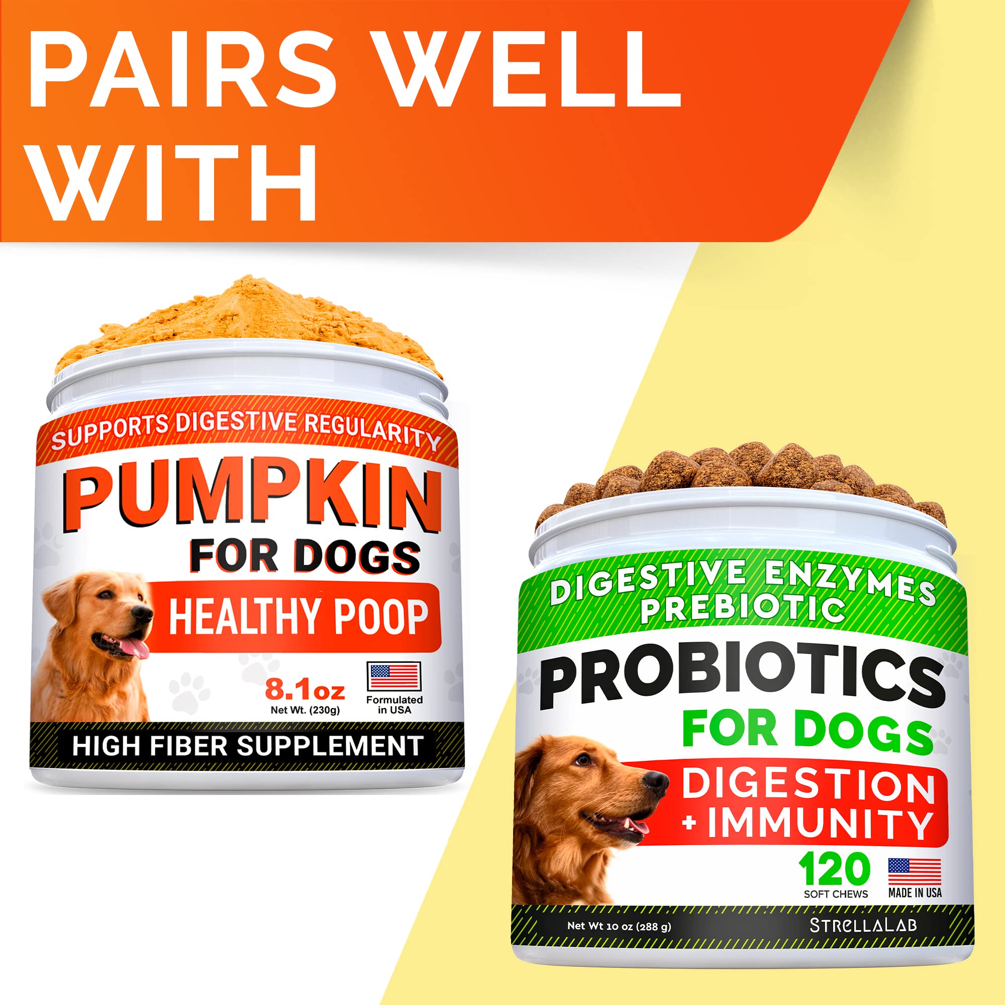Probiotics + Pumpkin for Dogs Bundle - Allergy, Gas, Diarrhea + Constipation, Food Sensitivity, Scoot - Digestive Enzymes + Prebiotics + Pure Pumpkin Powder - Immunity - 120ct + 8.1oz - Made in USA
