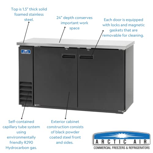 Arctic Air ABB60 61" Double Solid-Doors Back Bar Refrigerator, 16.7 Cubic Feet, Stainless Steel, Black, 115v
