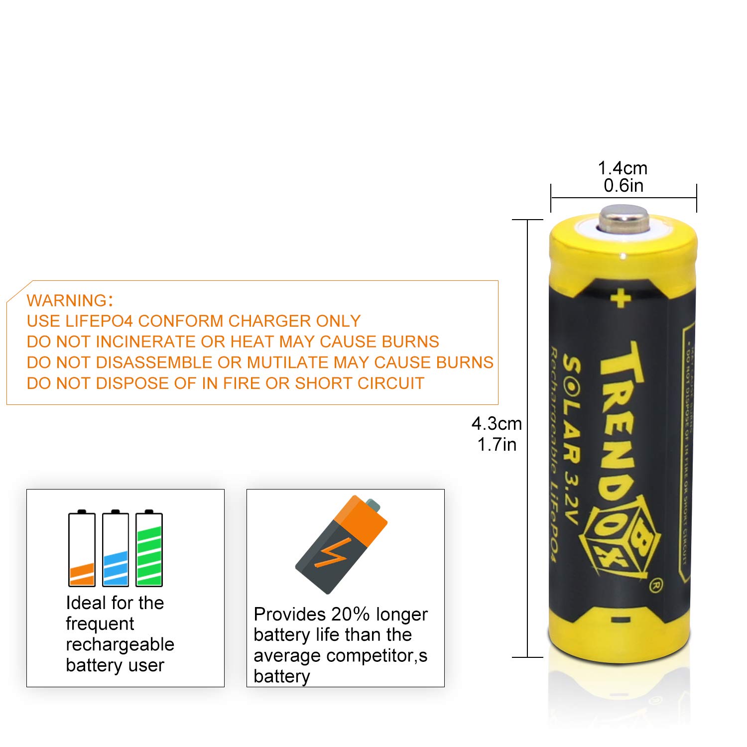 TRENDBOX 14430 3.2V 450mAh Battery LiFePo4 Rechargeable Solar Batteries for Outdoor Garden Light 4 Pack