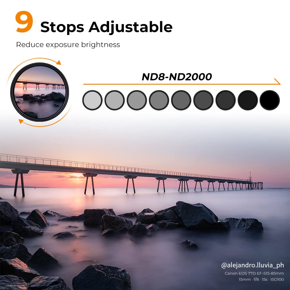 52mm Variable ND8-2000 & CPL Lens Filters Kit (2 Pcs) 3-11 Stops Adjustable Neutral Density Circular Polarizer Lens Filters Set
