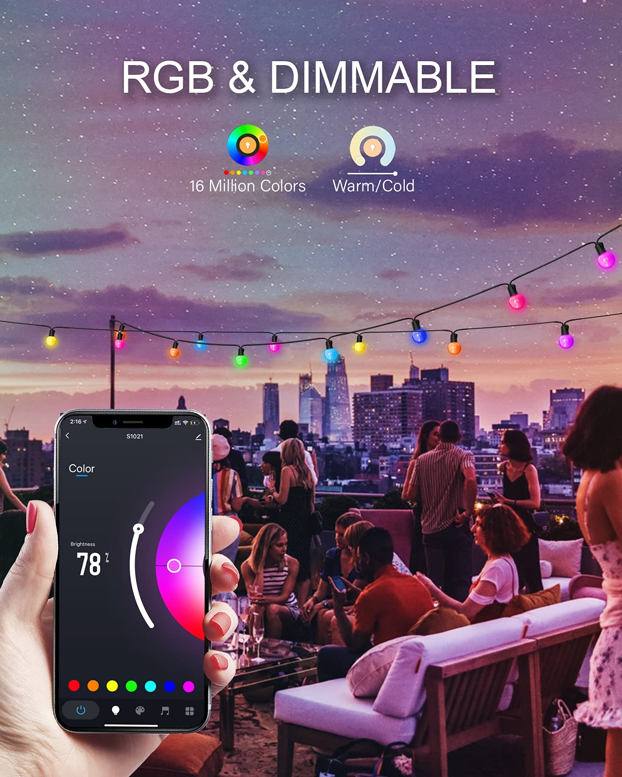 ASAHOM Smart LED Outdoor String Lights, 50ft G40 RGB Globe Patio Lights, 25 Shatterproof Multi-Color LED Bulbs, Voice & WiFi APP Control, Waterproof Connectable Hanging Lights for Garden Party Decor