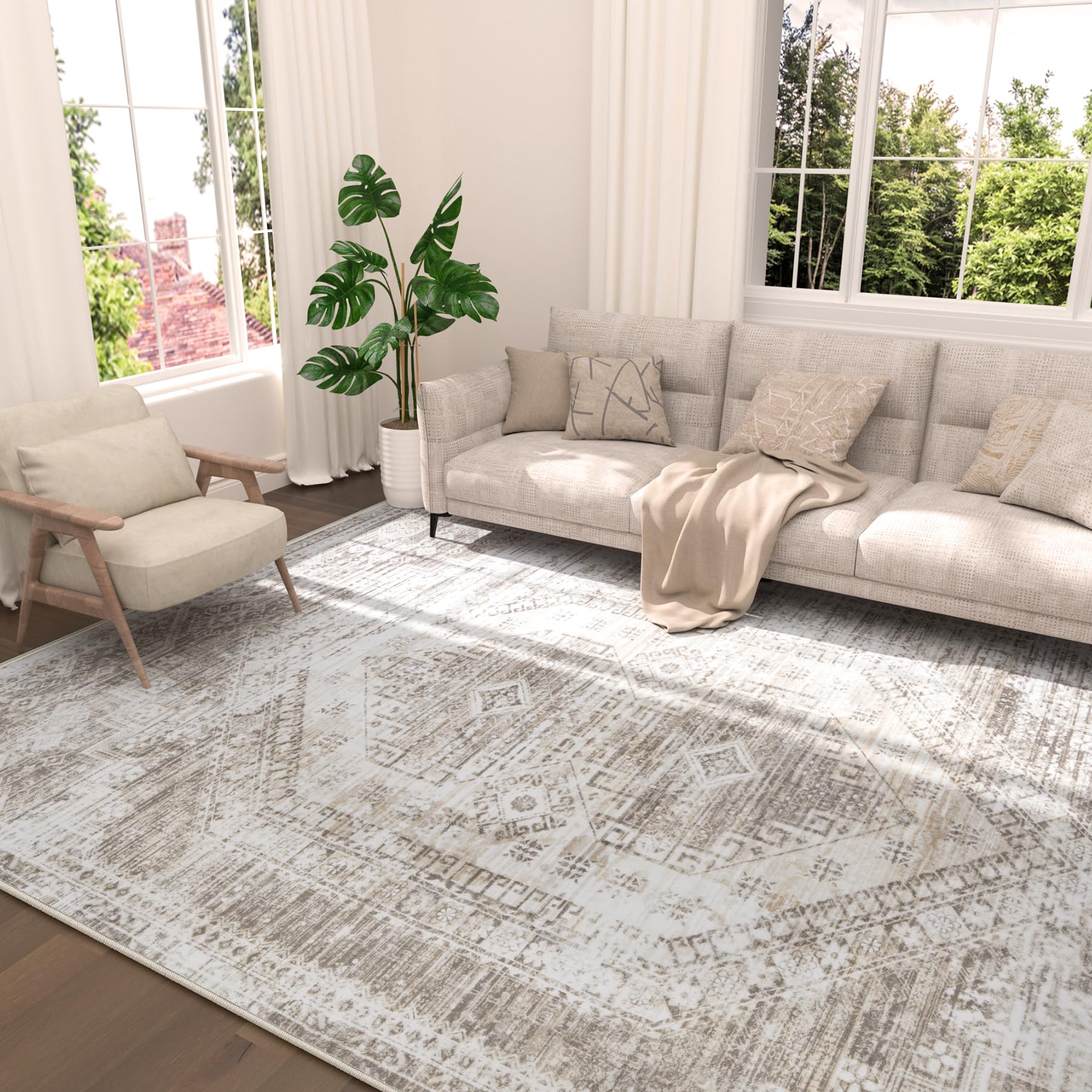 8x10 Area Rugs for Living Room Washable Rug Vintage: Large Rugs for Dining Room Bedroom Retro Carpet Farmhouse Non Slip Low Pile Area Rug 8 by 10 Indoor - Beige/Ivory