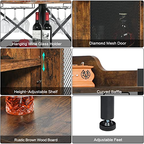 JKsmart Corner Bar Cabinet with Glass Holder,Industrial Wine Cabinet with Mesh Door,Wine Bar Cabinet with Adjustable Shelf,Home Bar for Liquor and Wine Storage,Rustic Brown