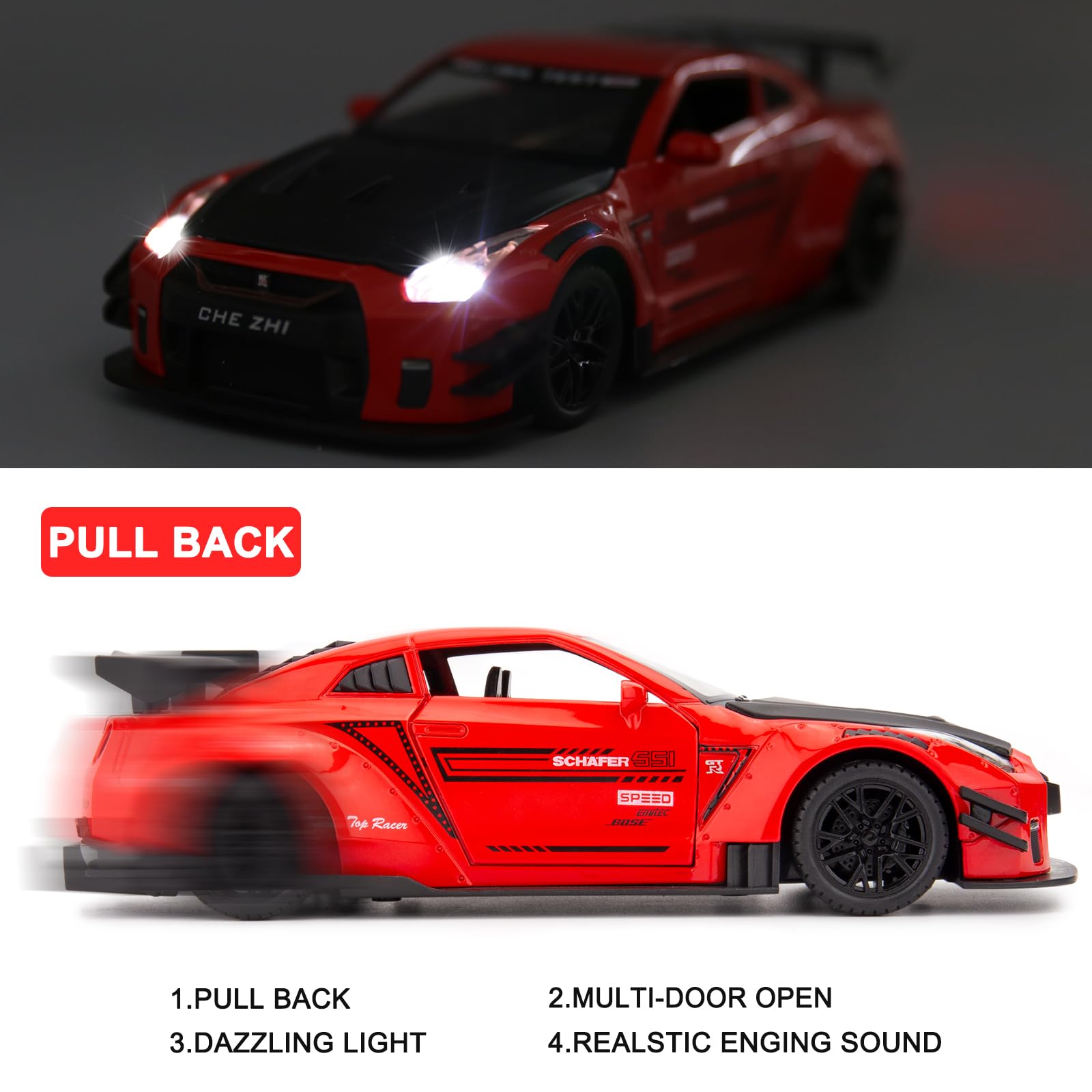 BDTCTK 1/24 Scale Compatible for Nissan GTR Model Car Toy, Zinc Alloy Pull Back Toy car with Sound and Light for Kids Boy Girl Gift (Black)