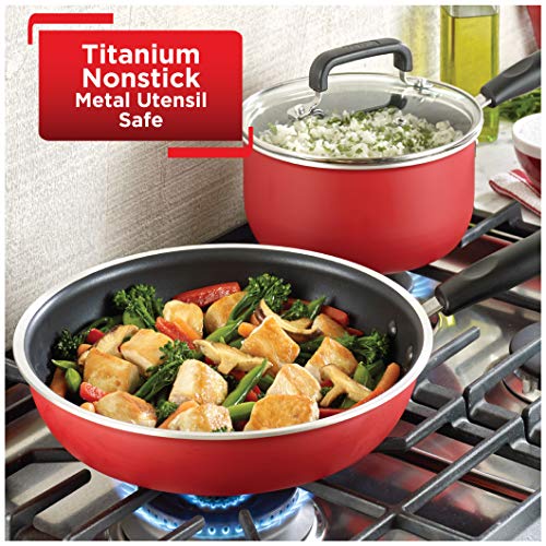 T-fal Signature Titanium Advancend Nonstick Pots and Pans Cookware Set, 12 Piece, Red