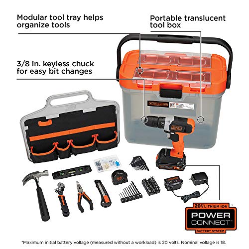 BLACK+DECKER 20V MAX Drill with Home Tool Kit, 66-Piece (BCKSB62C1)