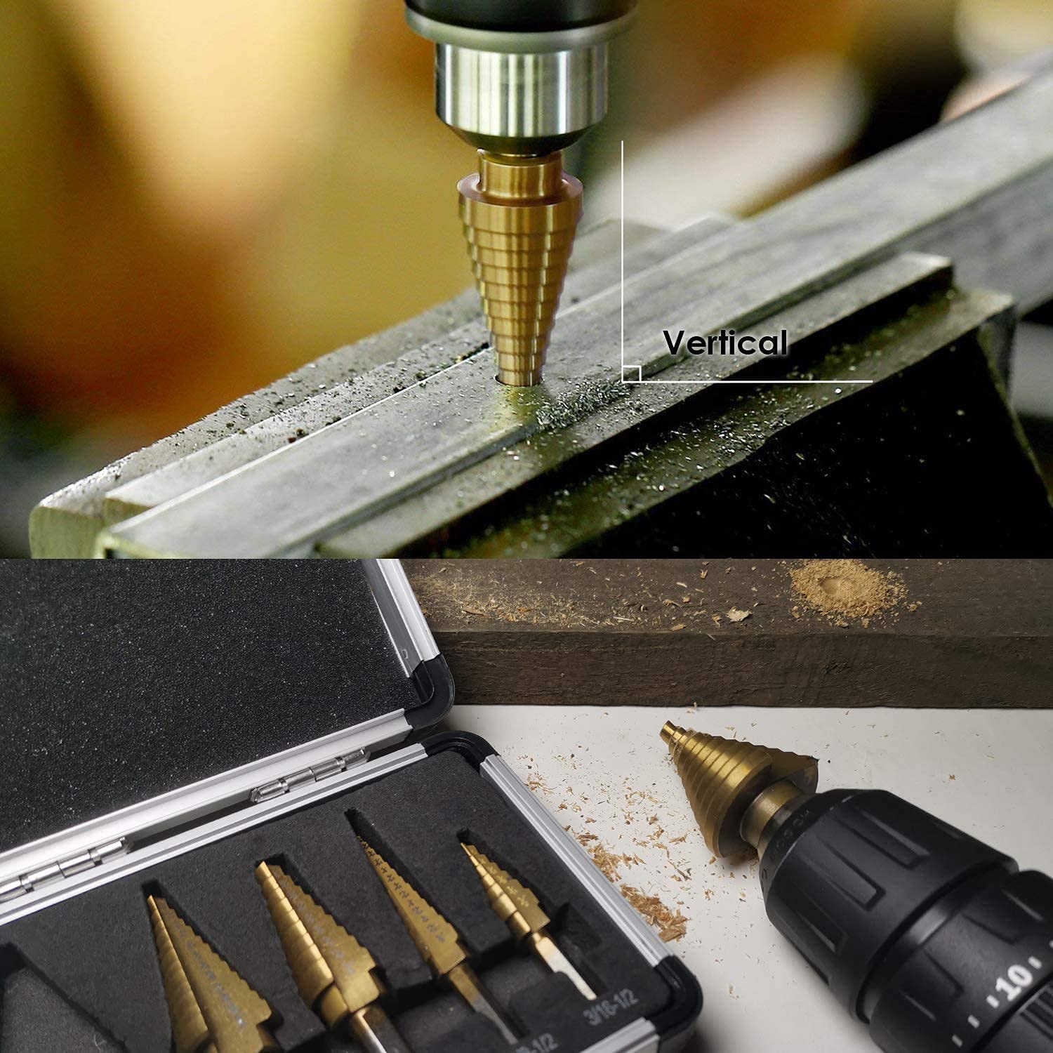 amoolo Titanium Step Drill Bit Set (5Pcs), Total 50 Sizes High Speed Steel (HSS) Unibit with Double Flute Cutting Blades for Soft Metal Sheet, Wood, Plastic, Multiple Hole Drilling Cone Bit Set