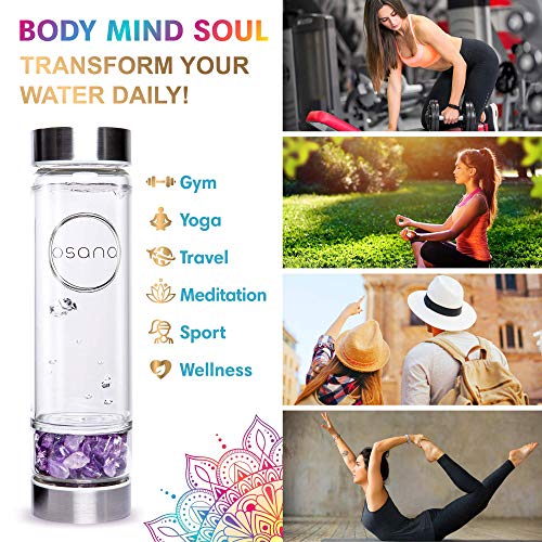 OSANA Crystal Water Bottle with 3 Changeable Healing Crystals β Amethyst, Rose Quartz, Green Fluorite β Loose Leaf Tea Bottle β Gem Elixir Infused Glass Water Bottle - 16.9 oz
