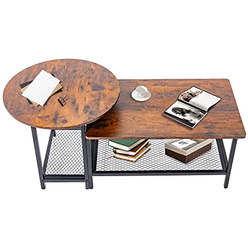BETTAHOME 2 Piece Industrial Coffee Table Set, Detachable Nesting Rectangular and Round Side Table with Storage Shelf, Ideal for Living Room, Small Spaces Rustic Brown BT003