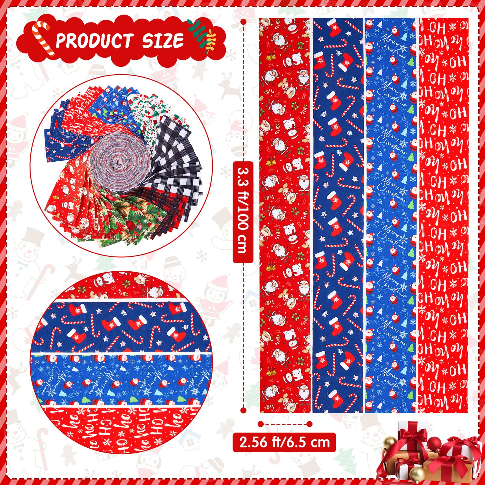 40 Pieces Christmas Jelly Fabric 2.6 x 40" Christmas Tree Santa Pattern Precut Fabric Quilting Strips Roll up Patchwork Cotton Fabric for Xmas DIY Sewing Handmade, 8 Styles