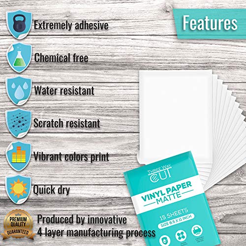 Printable Vinyl Sticker Paper Matte for Inkjet & Laser Printer 15 Sheets White, Decal Paper Tear & Scratch Resistant Quick Ink Dry, Cricut Sticker Paper for Making Labels and Crafts