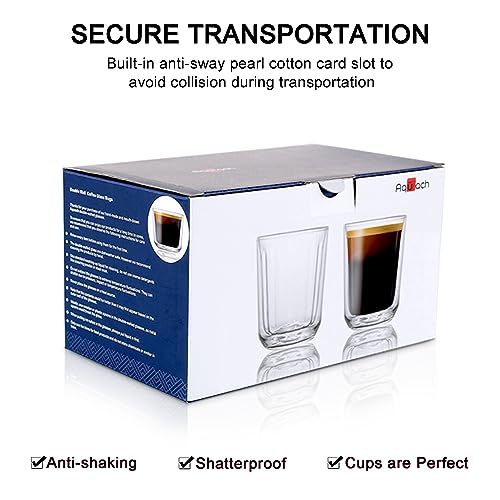 Aquach Double Wall Glass Espresso Cup 8 Oz Set of 2 - Insulated Clear Coffee Mug for Hot/Cold Drinks, Microwave Safe