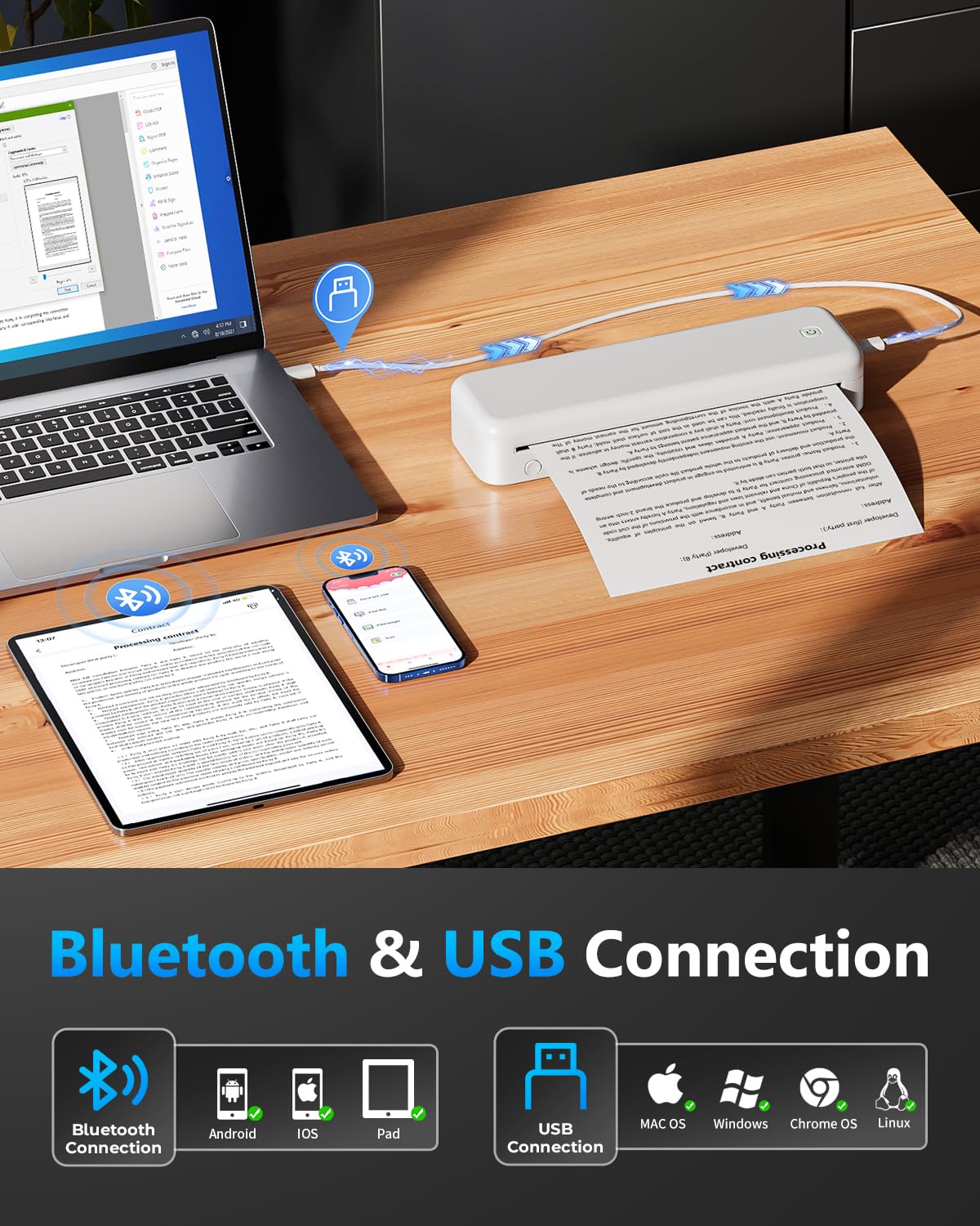 Itari M834 Upgraded Portable Printer, Bluetooth Thermal Printer, Wireless Inkless Printer Support 8.5" X 11" US Letter & A4 Thermal Paper for Office, Home, Travel, Compatible with Phone & PC, White
