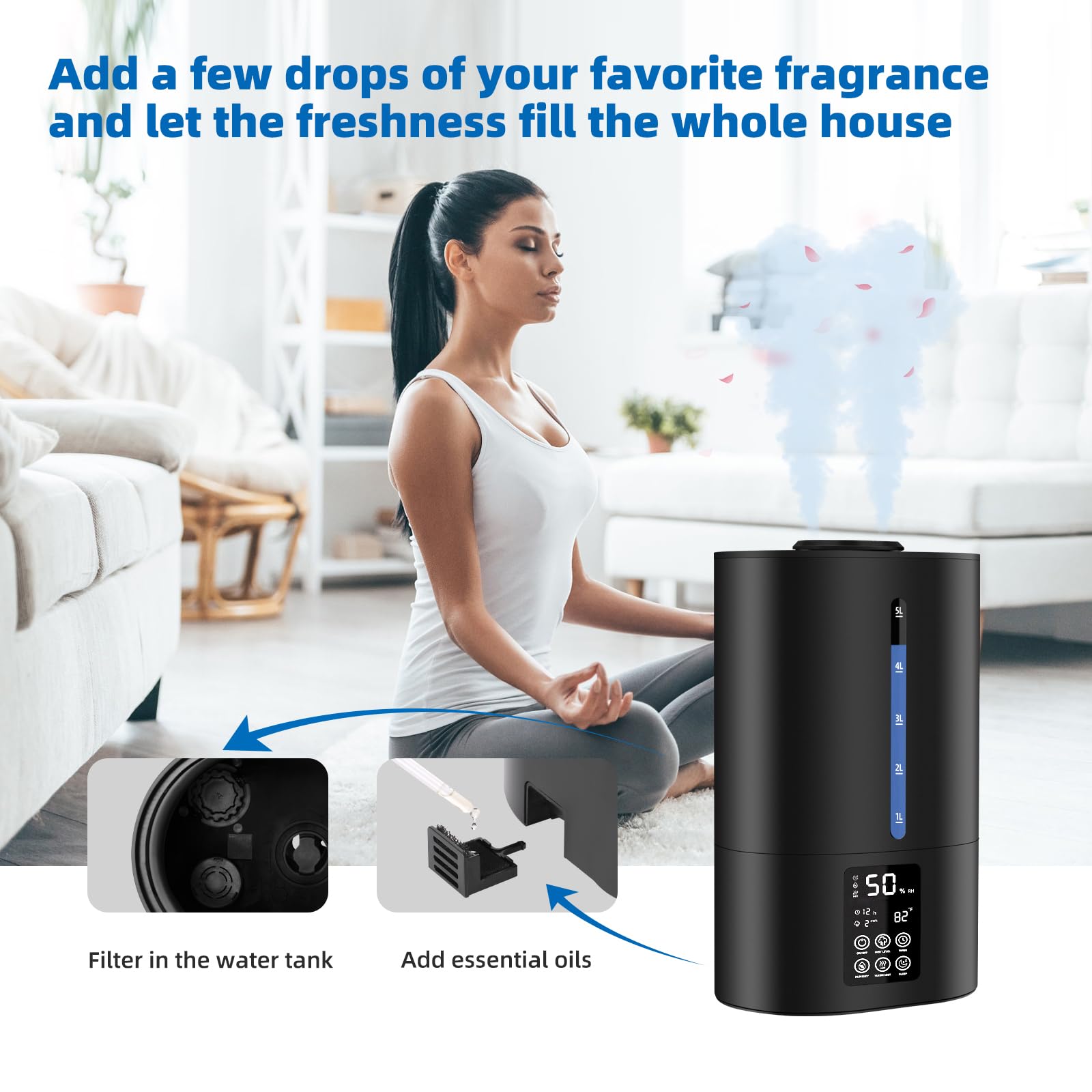 5L Humidifiers for Bedroom and Plants, Ultrasonic Cool Mist Humidifiers for Baby home Mist Top Fill Desk Humidifiers Essential Oil Diffuser, Quiet Humidifiers with Adjustable Mist,360°Nozzle-Black