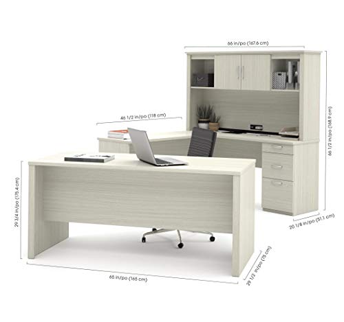Bestar Logan U-Shaped Desk with Hutch, Lateral File Cabinet, and Bookcase, 66W, White Chocolate
