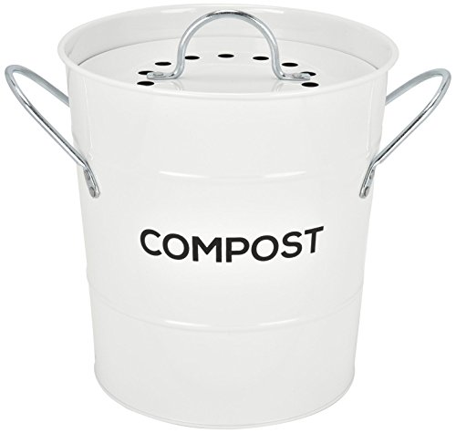 Indoor Kitchen Compost BIN by Spigo, Great for Food Scraps, Includes Charcoal Filter for Odor Absorbing, Removable Clean Plastic Bucket, Handles, Durable Stainless Retro Design, 1 Gallon, White