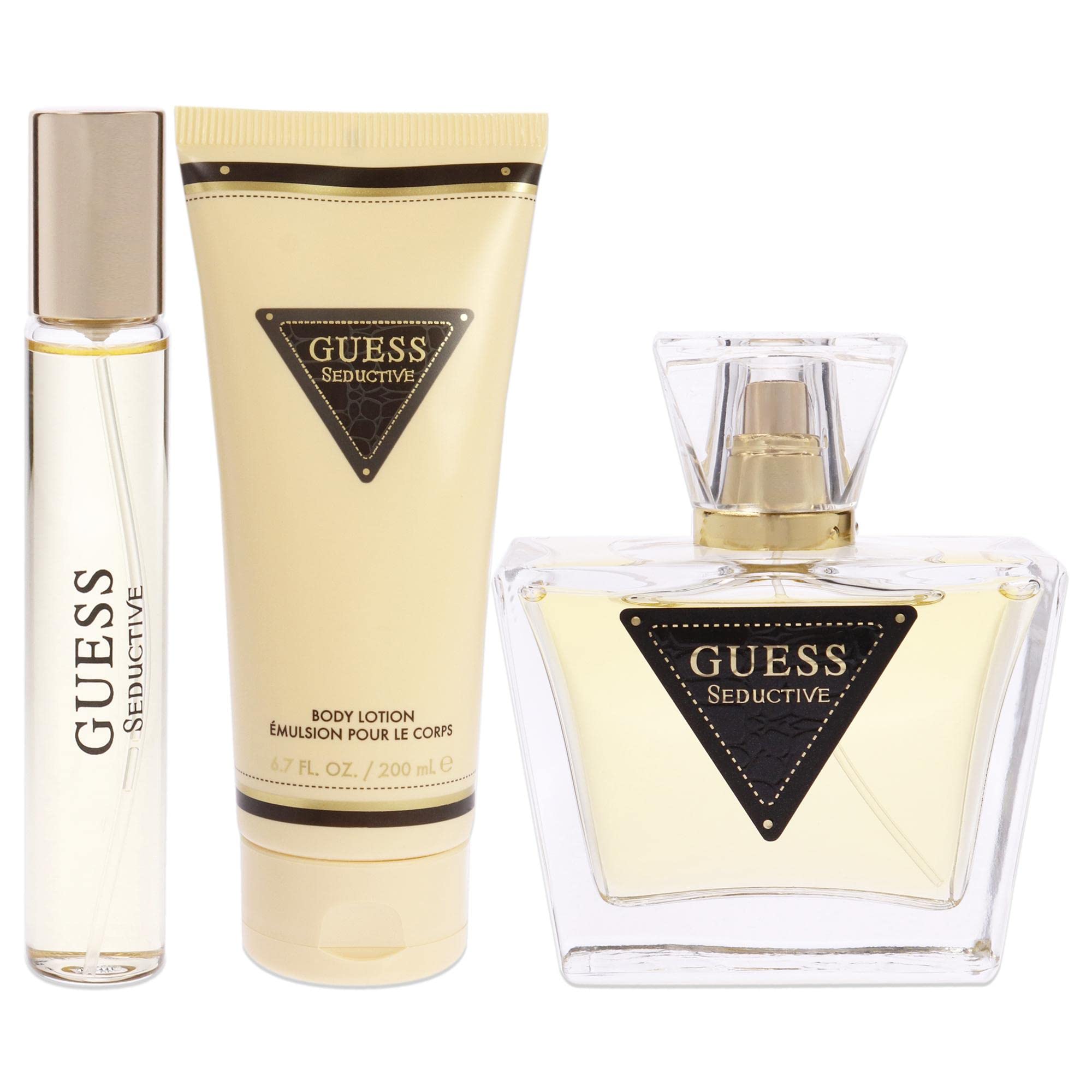 GUESS Factory Seductive Women 3 Pc Gift Set 2.5oz EDT Spray, 0.5oz EDT Spray 6.7oz Body Lotion, Silver/Navy, (GUS-SNW-F-00-075-04)