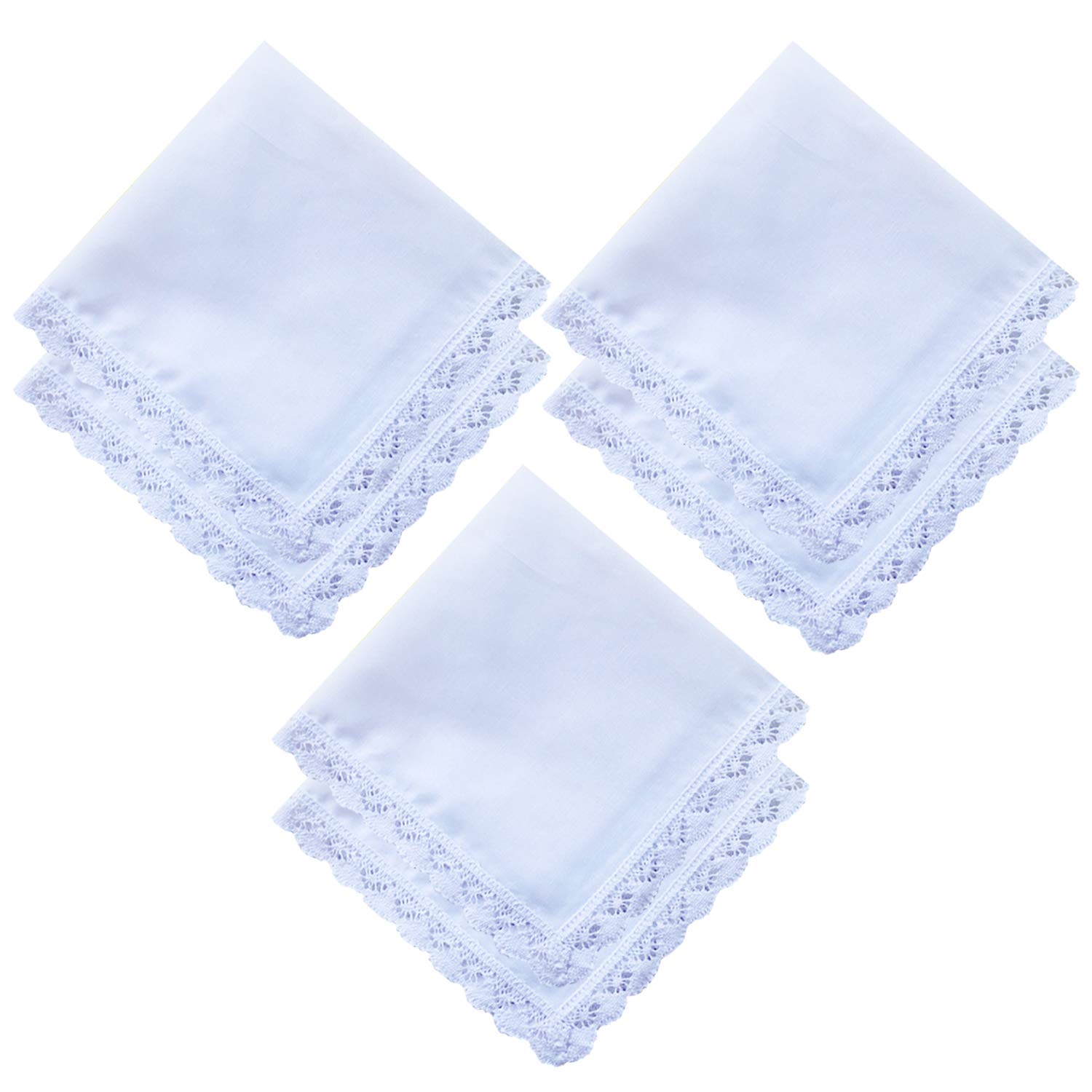 6 Pack of Ladies Embroidery Cotton Handkerchiefs Lace Border White Hankies