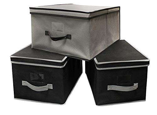 EarthWise Storage Bin Basket Box Collapsible Container Foldable Stackable Fold Flat Shelf Cabinet with Lid Cube Organizers (Set of 3) 1 Large 2 Medium (Black/Grey)
