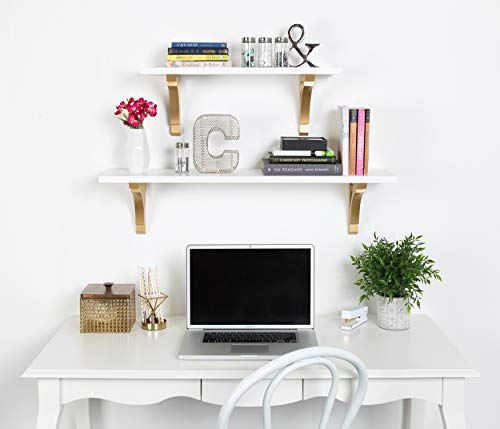 Kate and Laurel Corblynd Traditional Wood Wall Shelf, 24 inches, White with Gold Corbels